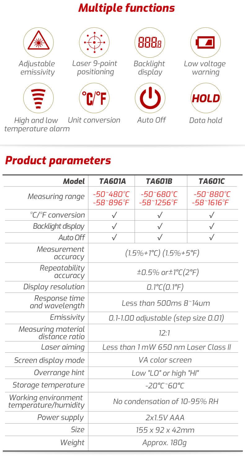 Digital Infrared Thermometer TA601A Non Contact Temperature Gun ...